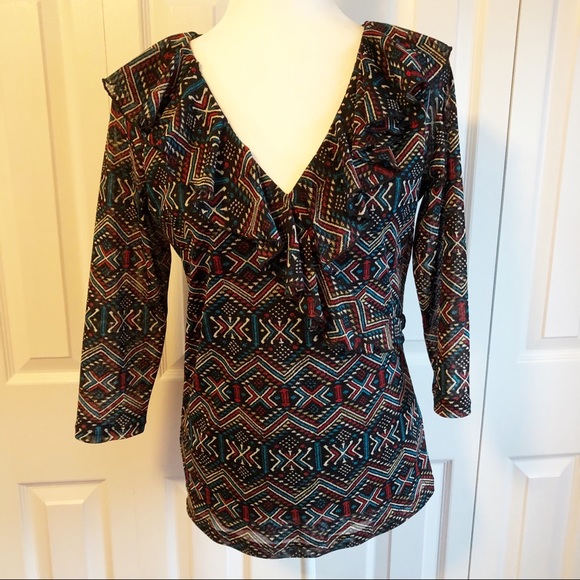Chaps | Tops | Chaps Black Aztec Print Ruffled Top Womens Large | Poshmark
